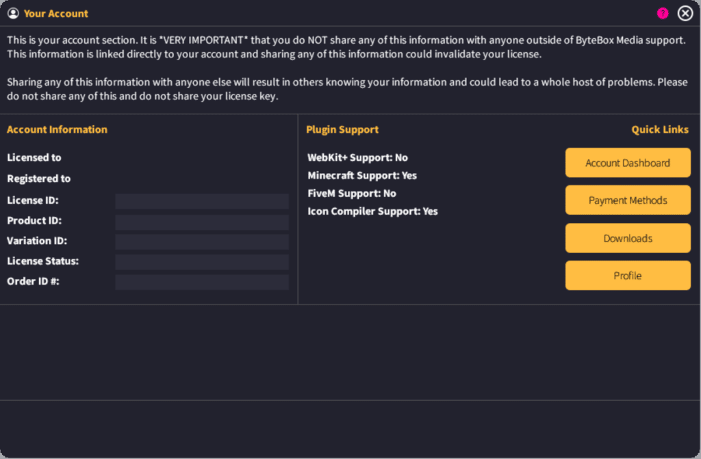 Account Dialog – ByteBox Media Support